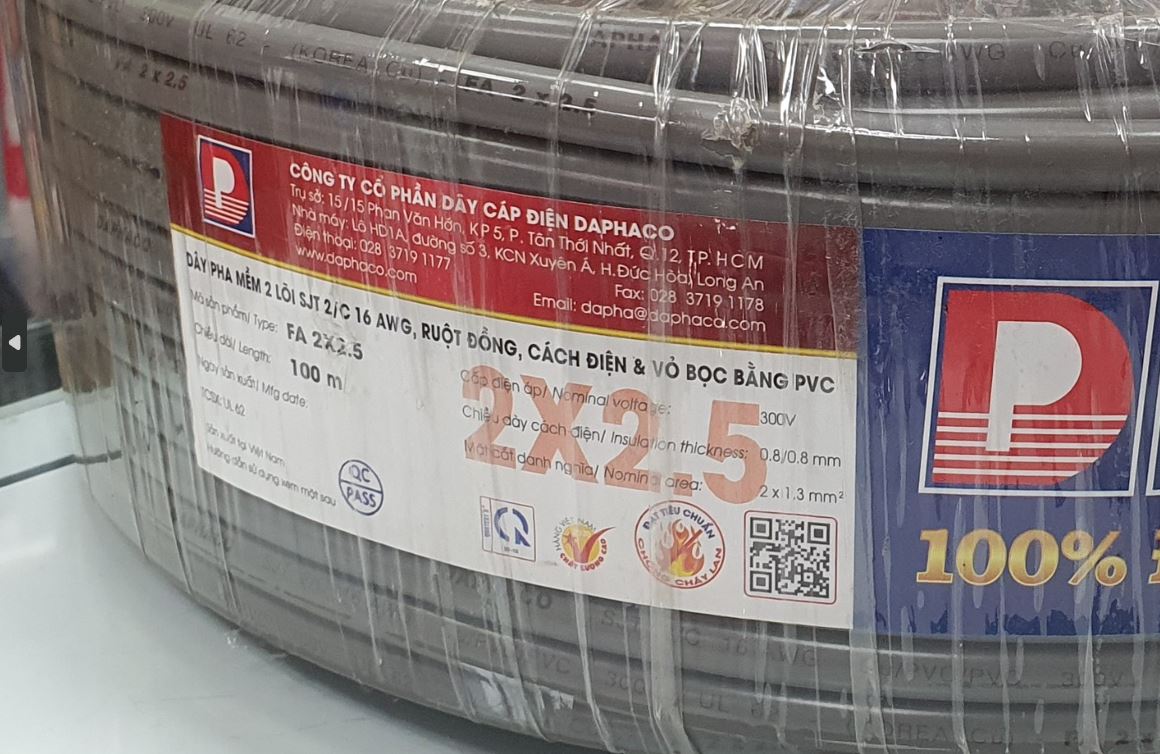 Ỹ nghĩa của ký hiệu FA 2x1.0, FA 2x1.5, FA 2x2.5 dây cáp điện vỏ xám, 2 ruột tròn Daphaco